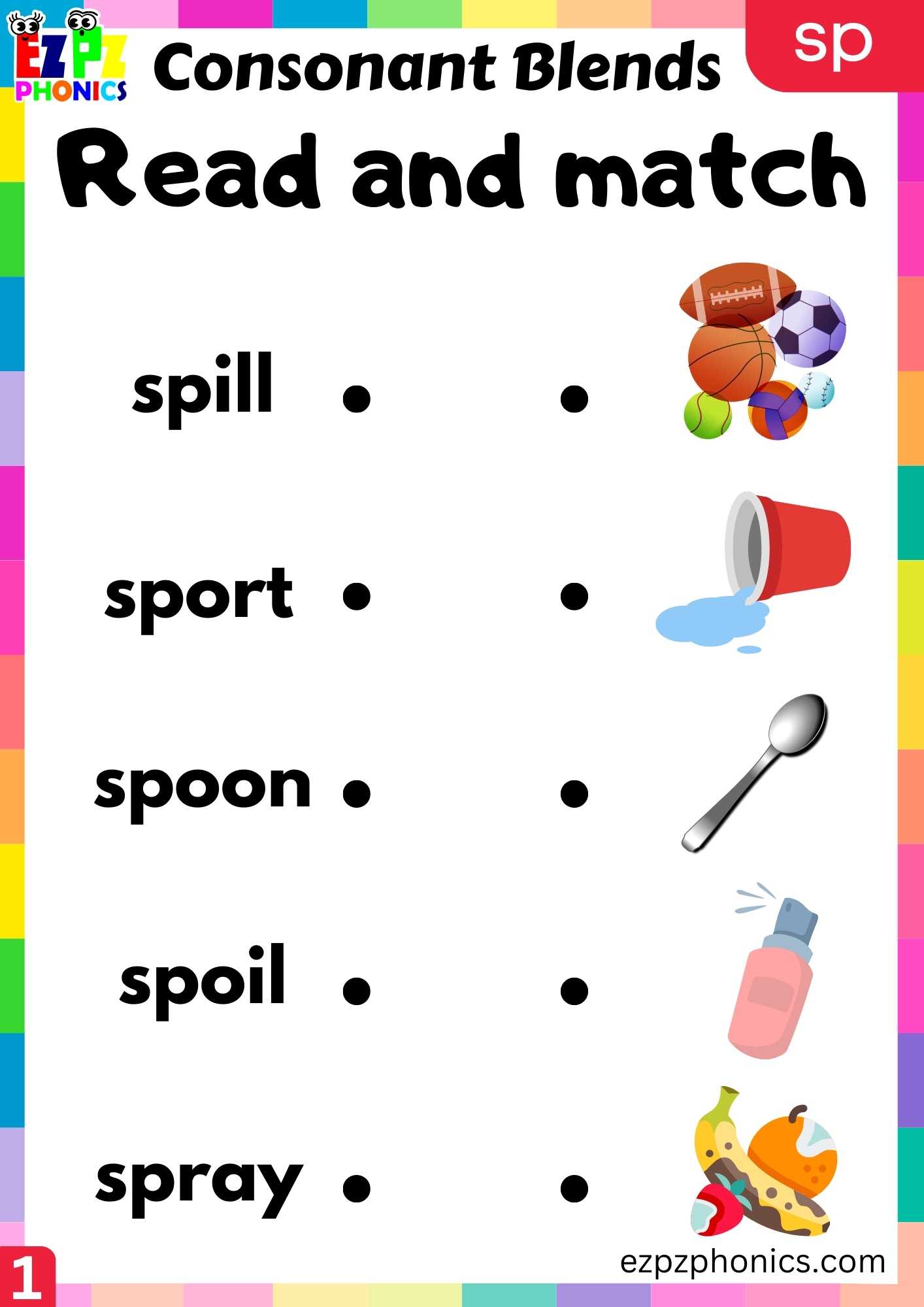 Group1 SP Words Read And Match Phonics Consonant Blends Worksheet - ezpzphonics.com